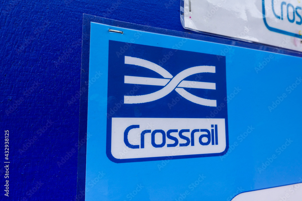 London, UK, May 9th 2021: The logo sticker for Crossrail. A new railway ...