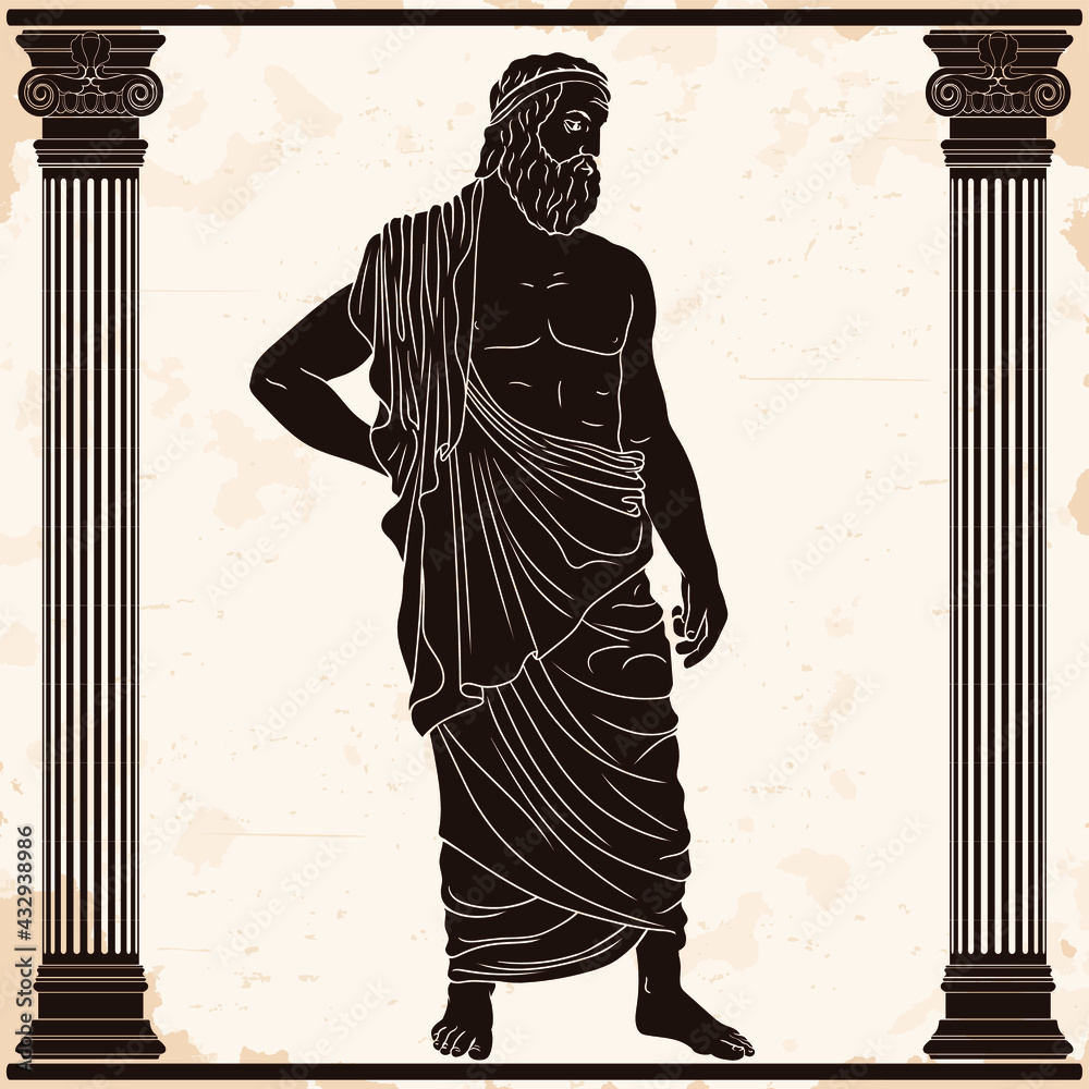 The ancient Greek god Zeus with a beard in a cape stands barefoot ...