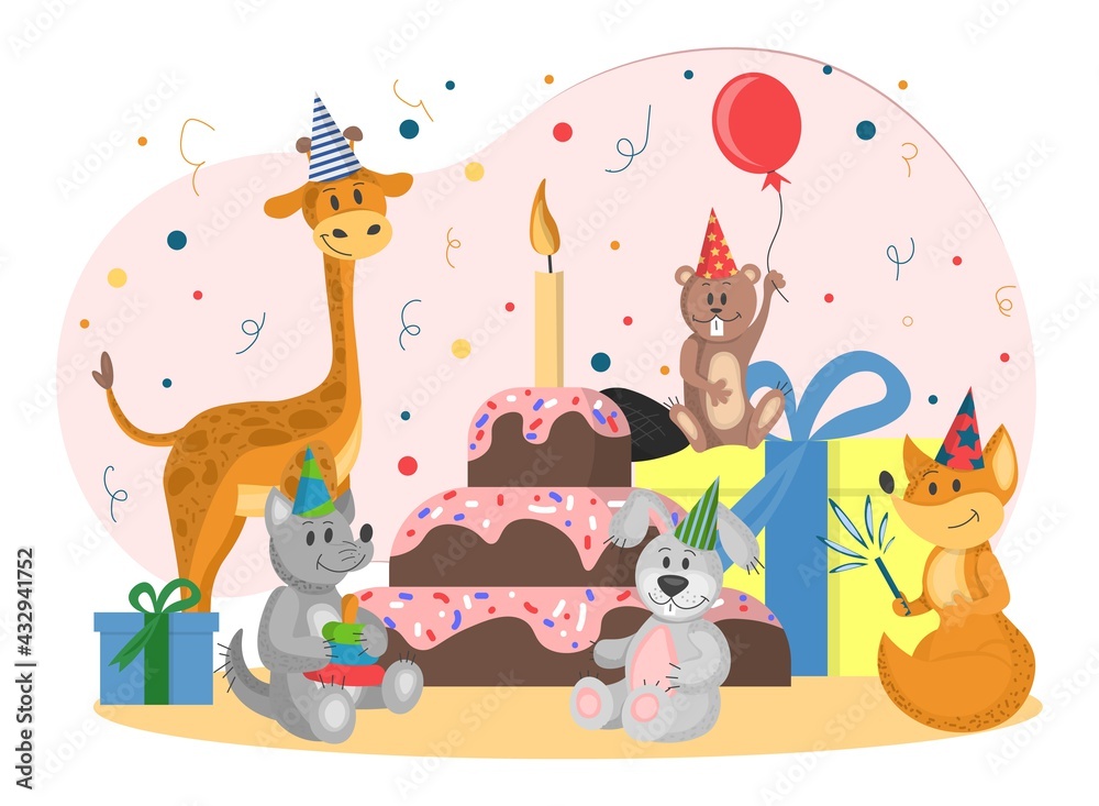 set of wild animals celebrate birthday. cute cartoon animals in flat ...