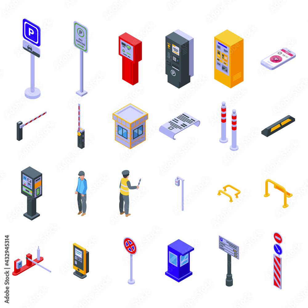 Paid parking icons set. Isometric set of paid parking vector icons for ...