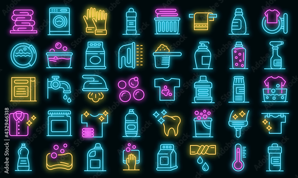 Bleach icons set. Outline set of bleach vector icons neon color on ...