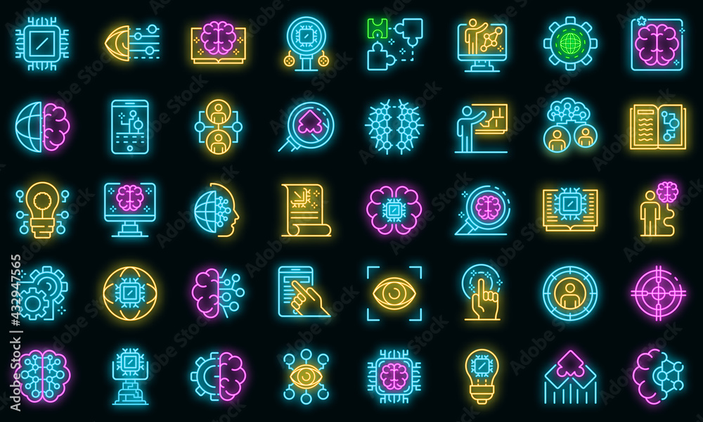 Machine learning icons set. Outline set of machine learning vector ...