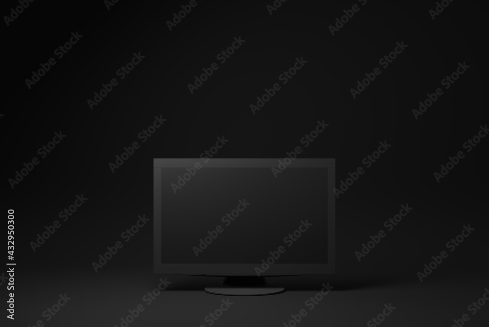 Black computer monitor floating on black background. minimal concept ...