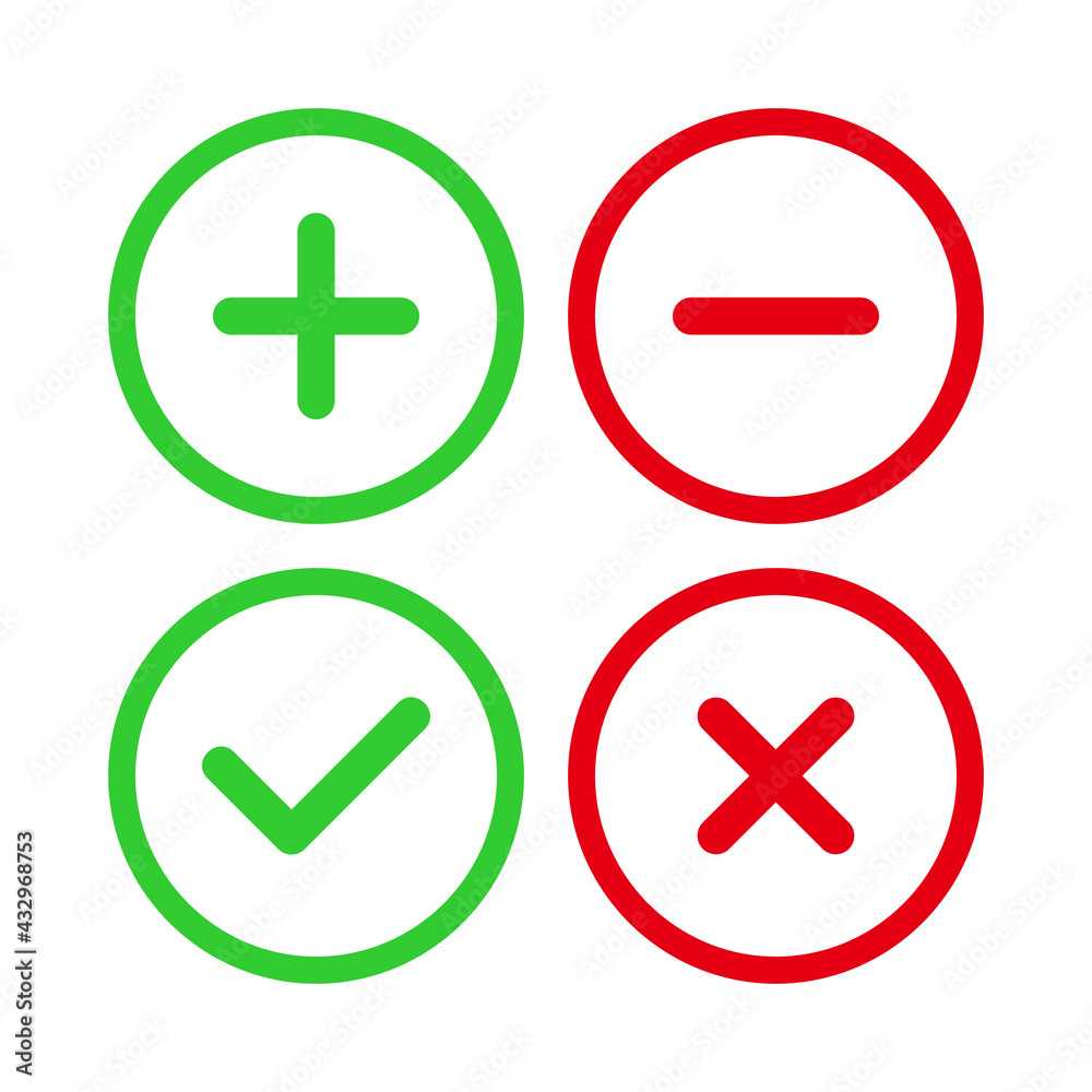 plus icon, minus icon, check mark icon, and cross icon vector sign ...