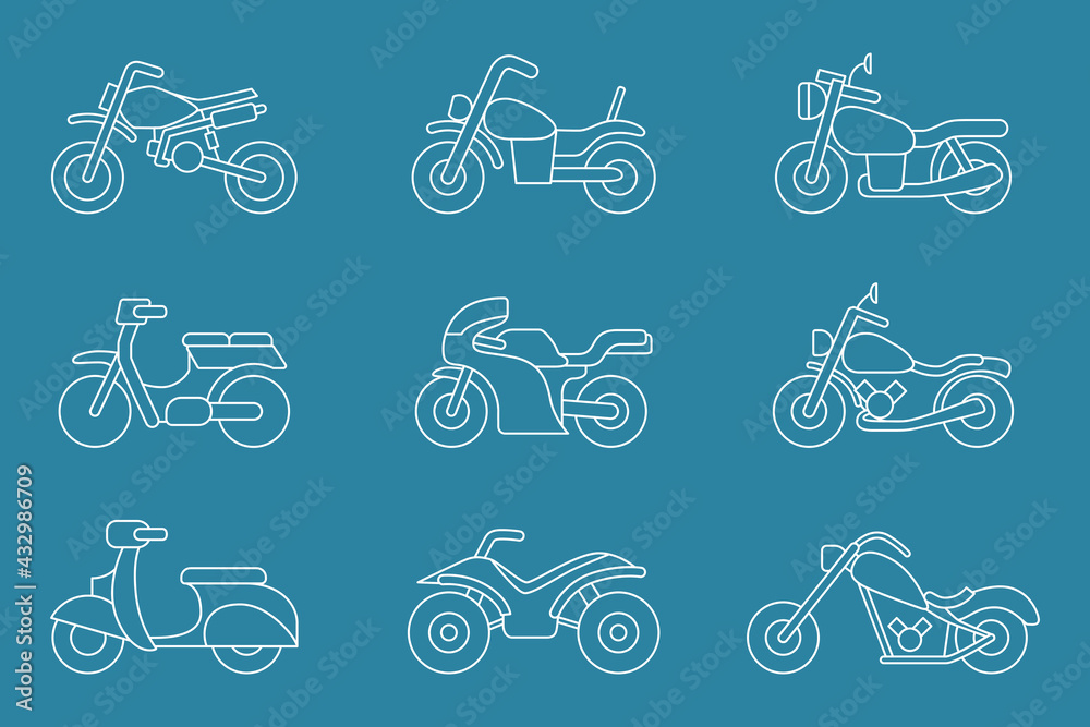 Motorbike Icons set - Vector outline symbols of motorcycle, bike ...