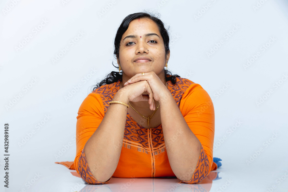 Indian fat woman, casual poses of fat indian woman lying on the white ...