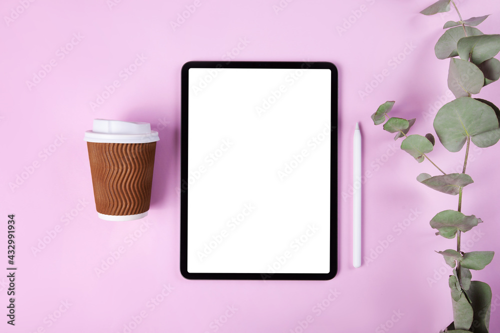 iPad pro with white screen on pink color background. Flatlay. Office ...