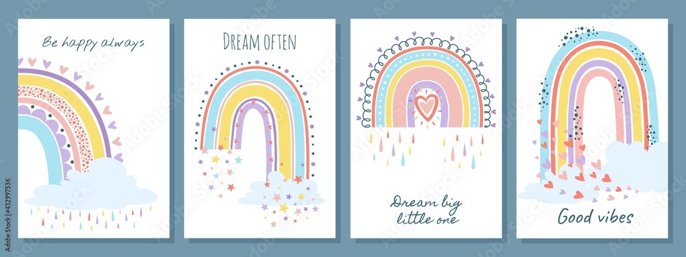 Rainbow card. Cute pastel rainbows with quotes, colorful rain and ...