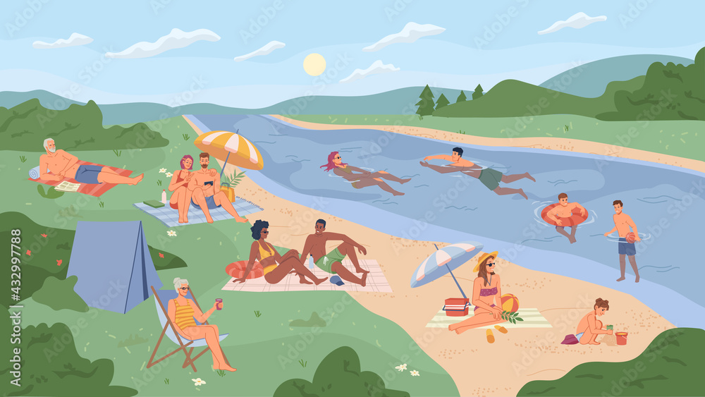 People resting on river beach flat cartoon vector illustration. Vector ...