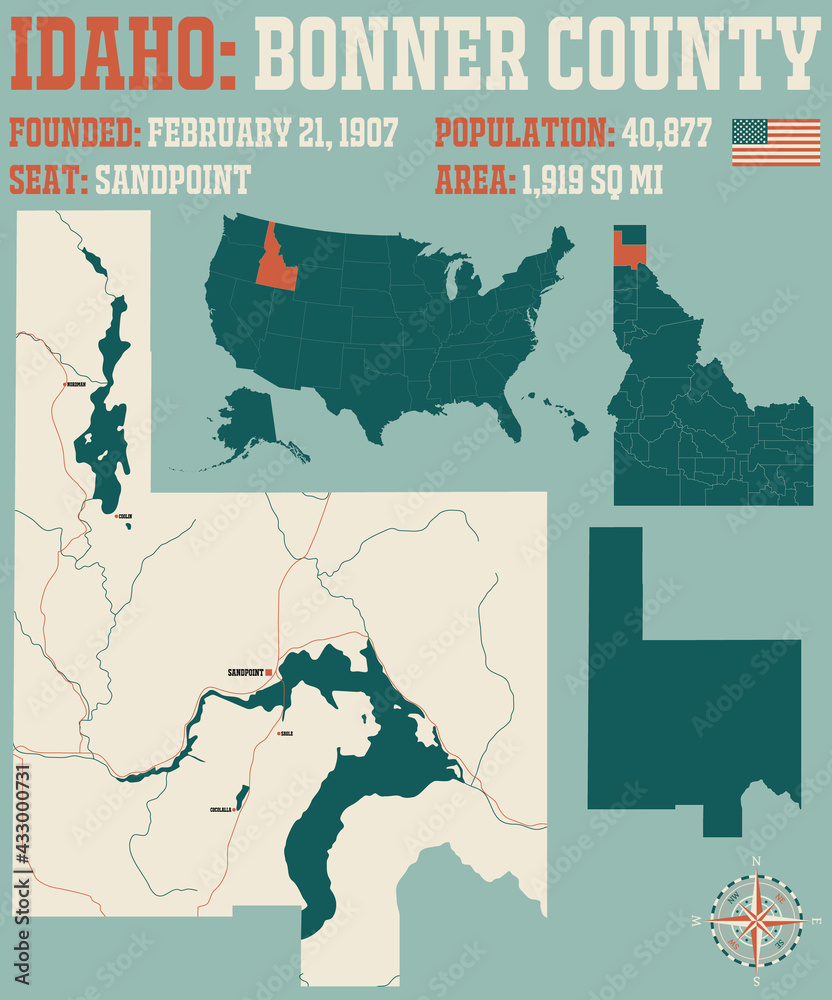 Large and detailed map of Bonner county in Idaho, USA. Stock Vector ...