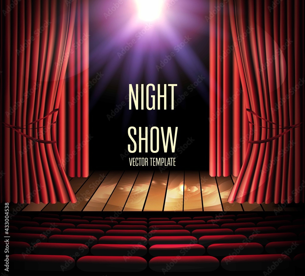 Red velvet curtain in theater or cinema. Flashlight. Scene. Stage ...
