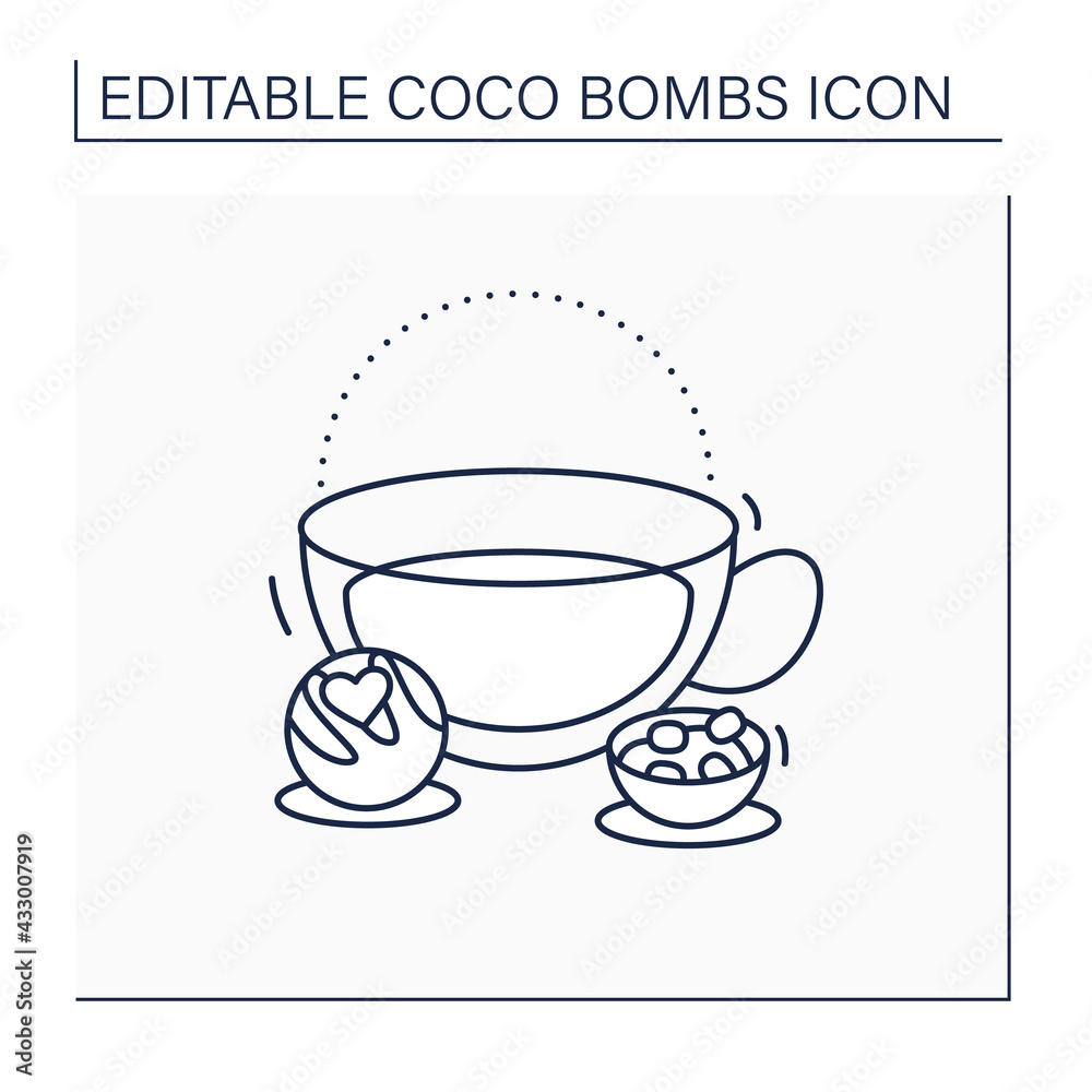 Coco bomb line icon. Delicious dessert. Cute ball of chocolate with marshmallows filling inside ...