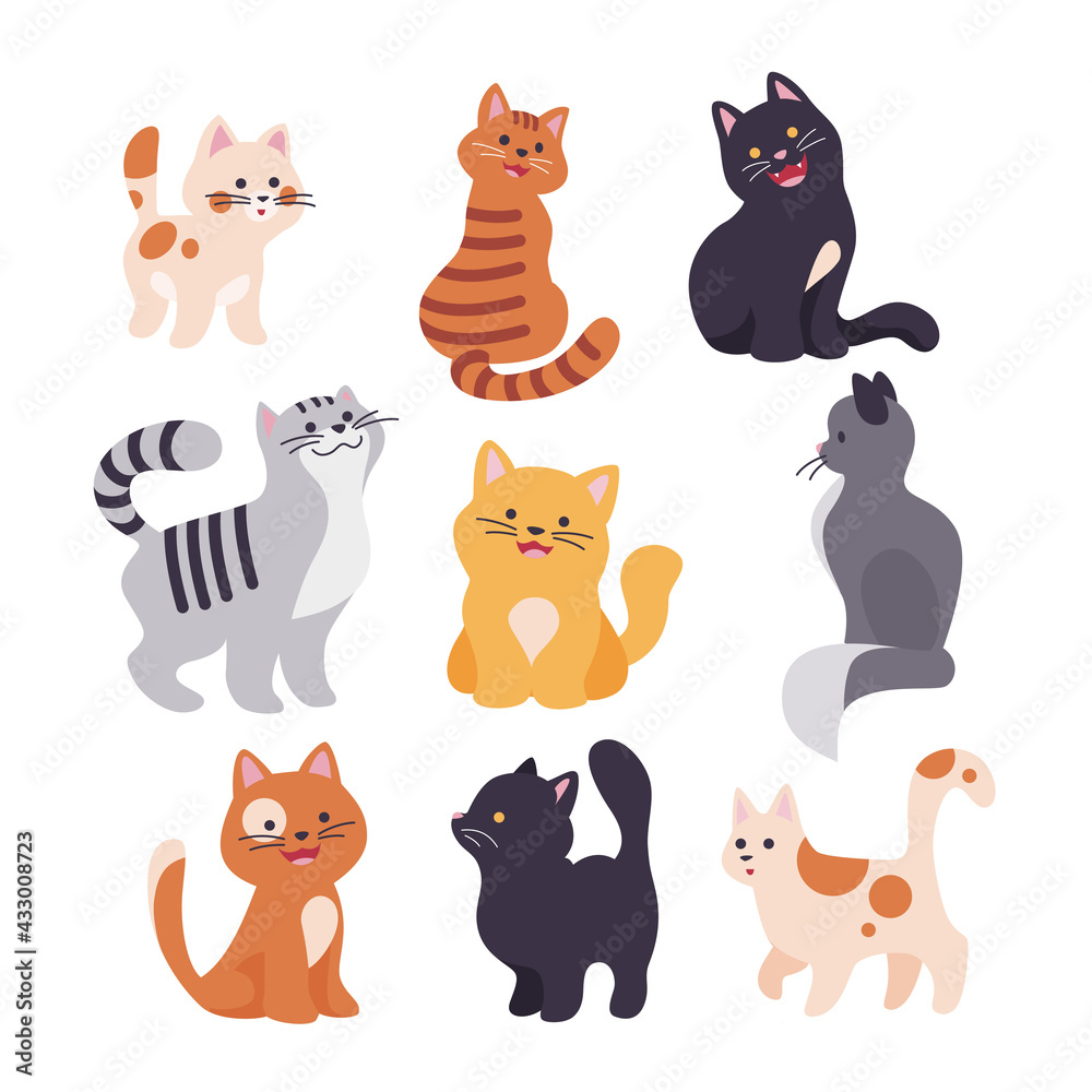 Collection of cute funny cat characters sitting, standing, walking ...
