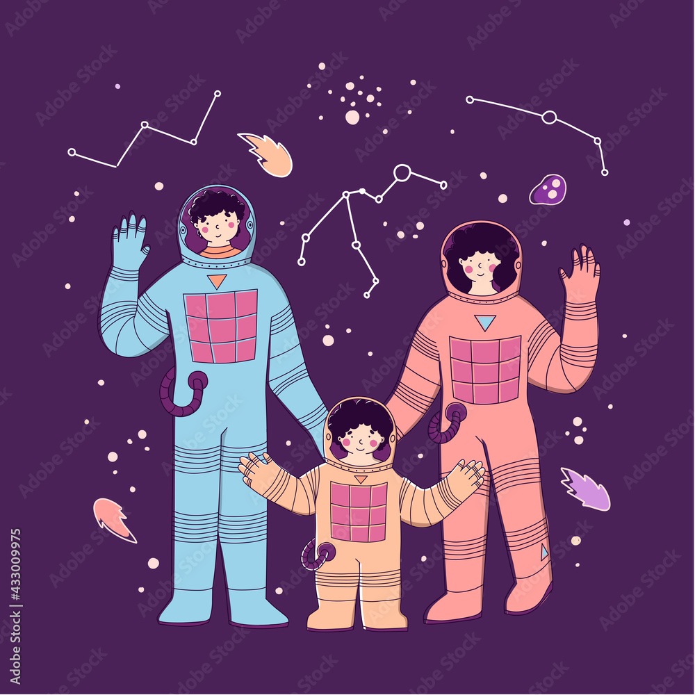 Family space travel in cartoon style. Galaxy background. Vector ...
