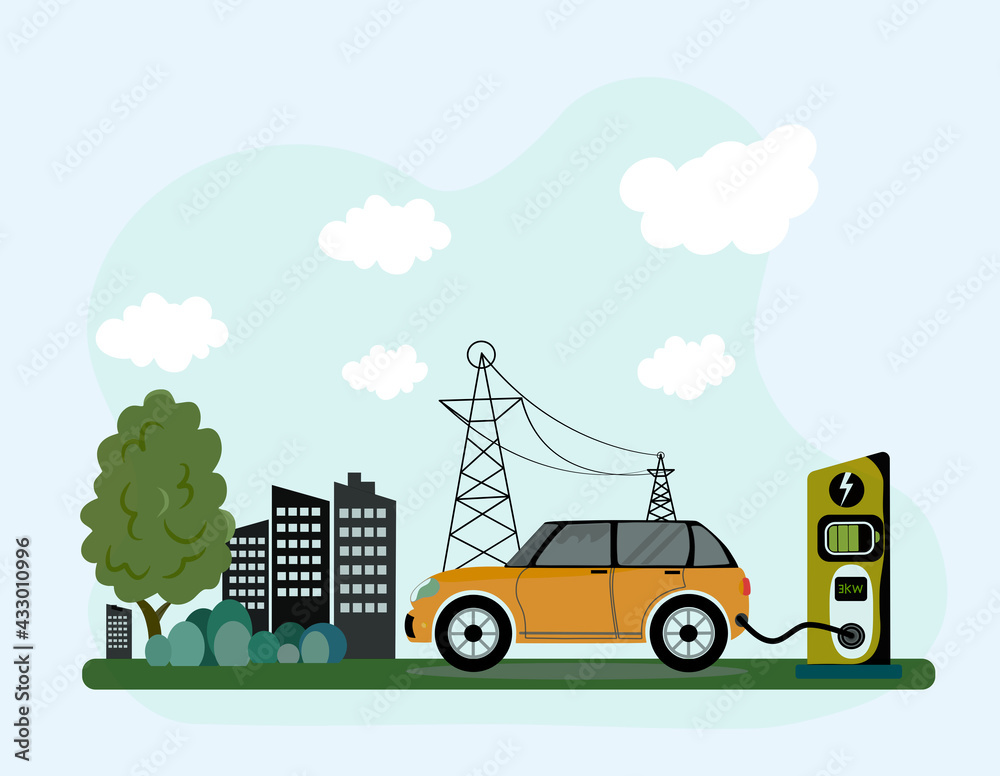 Electric vehicle logo and chart stand, flat design for advertising on ...