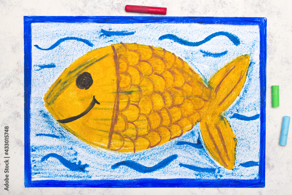 Colorful drawing: Goldfish swimming in water. Cute smiling fish Stock ...