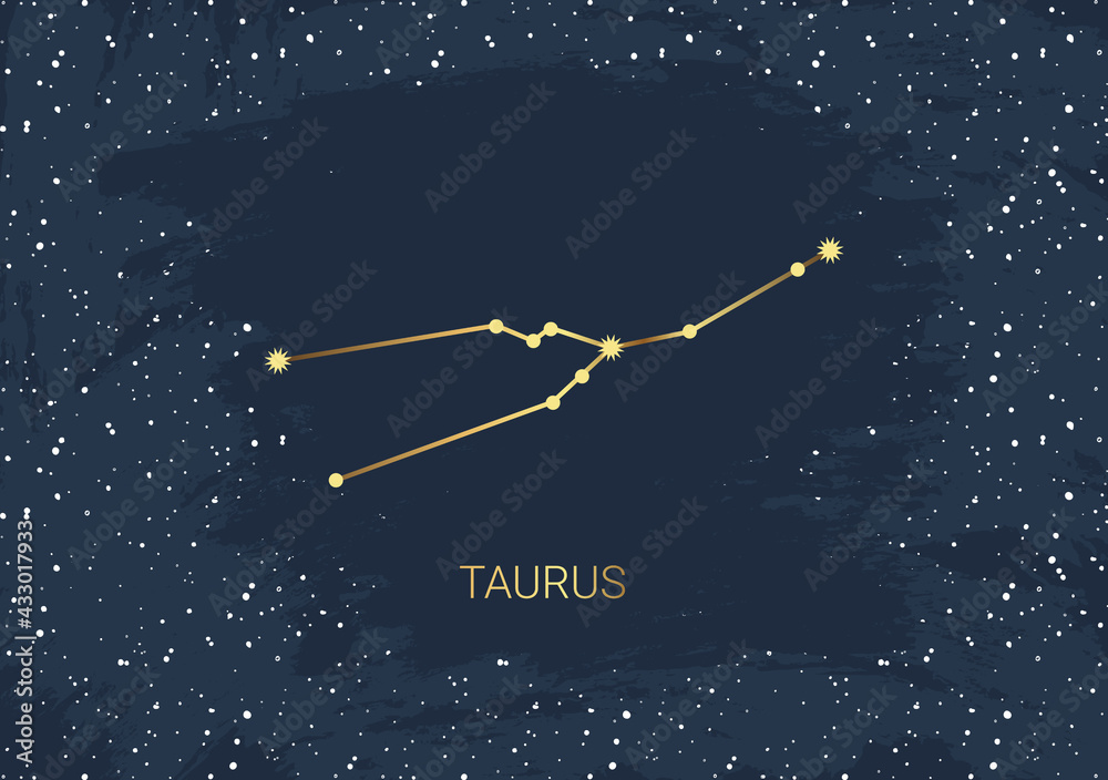 Hand drawn card of gold Taurus, star, brush. Constellation celestial ...