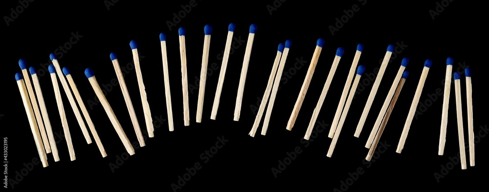 Fire matches pile, matchsticks with blue tips isolated on black ...