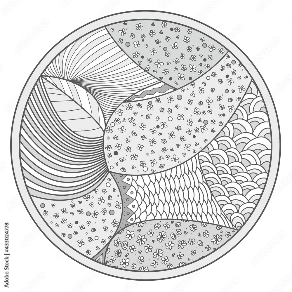 Zendala. Zentangle. Hand drawn circle mandala with abstract patterns on ...