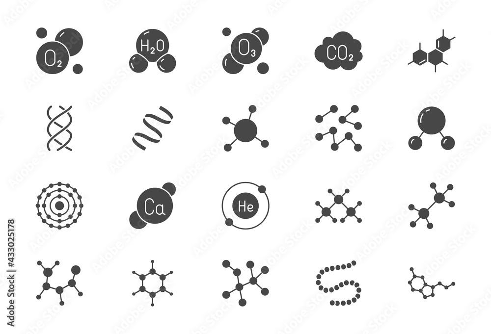 Molecule flat glyph icons. Vector illustration included icon amino acid ...