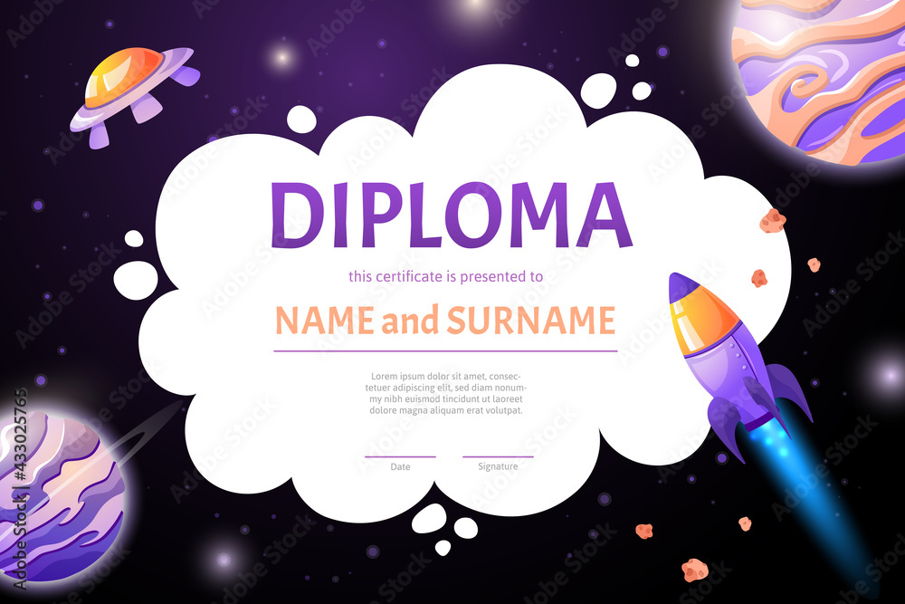 Space diploma certificate with rockets and planets for school and ...