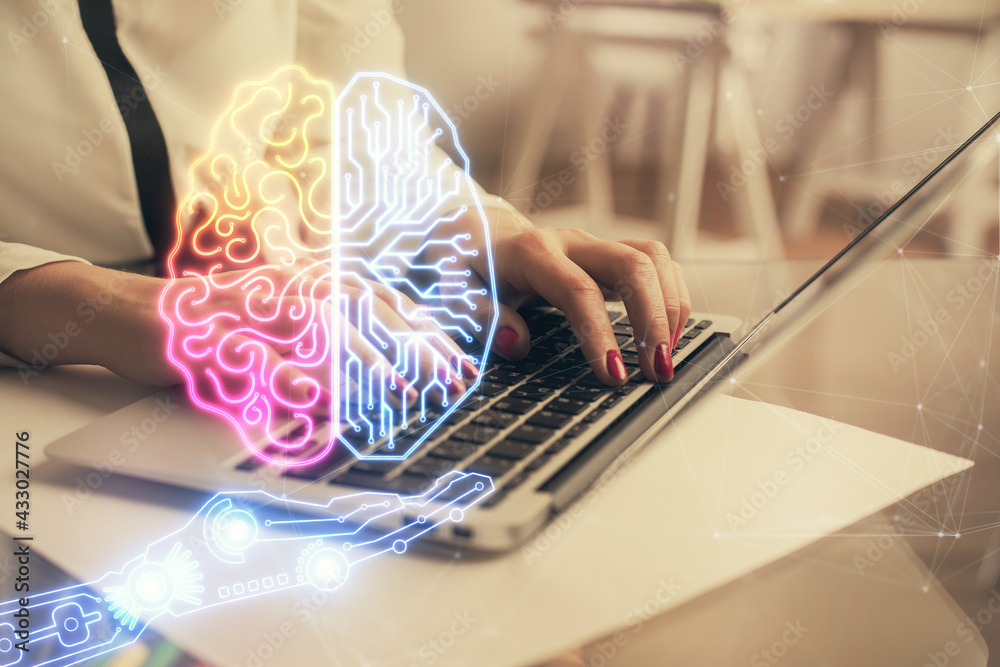 Multi exposure of woman hands working on computer and human brain ...