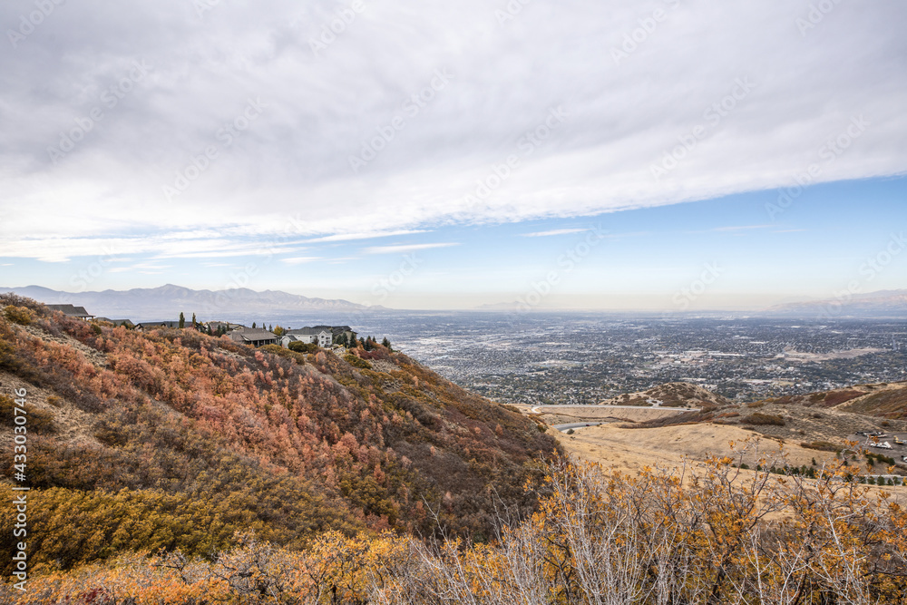 Utah Lake and Mt Nebo can be seen from the Draper Alpine Road in peak ...