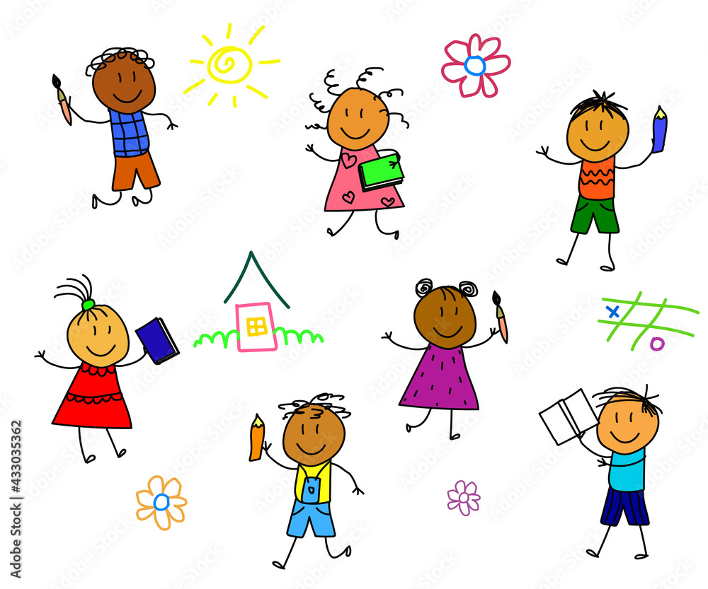 Various happy kids on a white background. Cartoon. Vector illustration ...