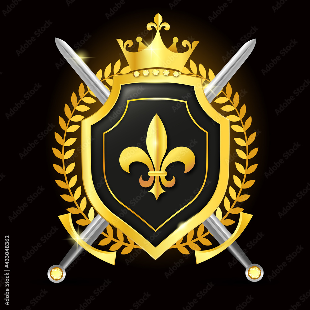 Royal shield and swords with golden crown emblem Stock Vector | Adobe Stock