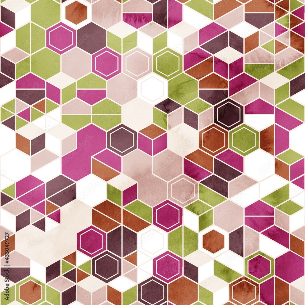 Seamless pattern of hexagons in random colors in watercolor. High ...
