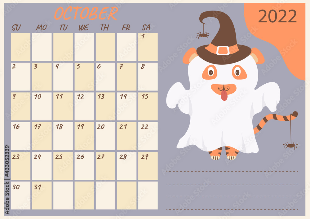 Planner calendar for October 2022. Cute ghost tiger in a hat with ...
