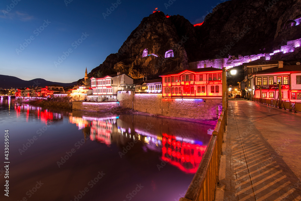 Old Ottoman houses night panoramic view by the Yesilirmak River in ...