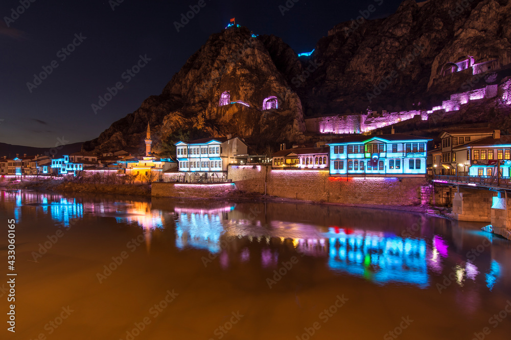 Old Ottoman houses night panoramic view by the Yesilirmak River in ...