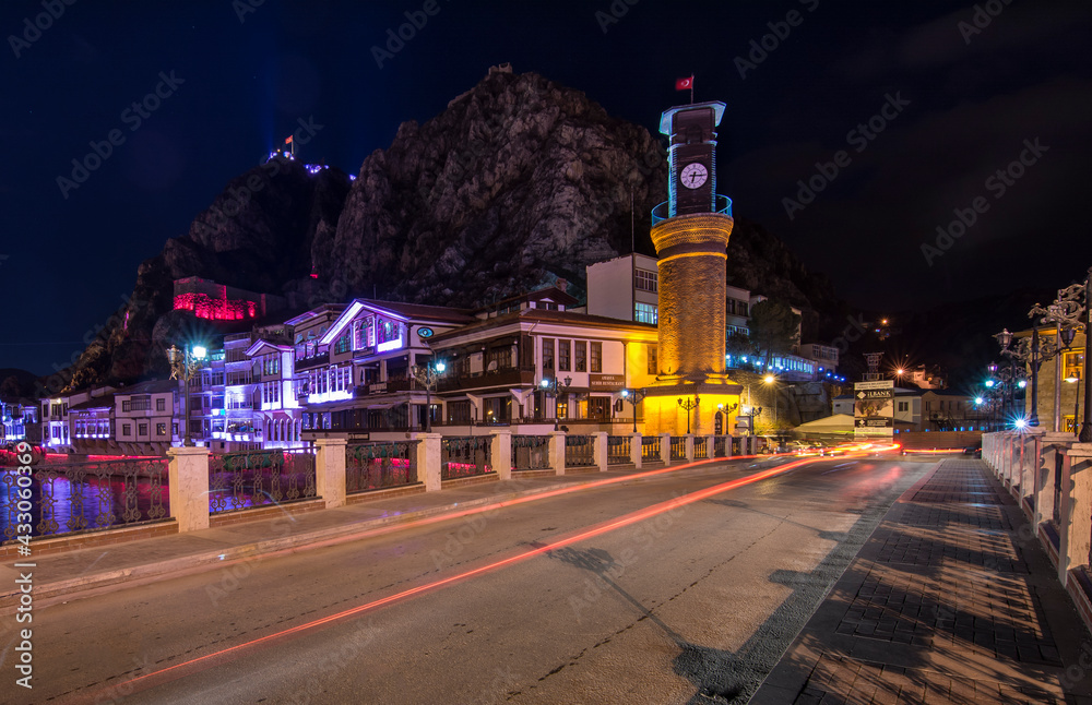 Old Ottoman houses night panoramic view by the Yesilirmak River in ...