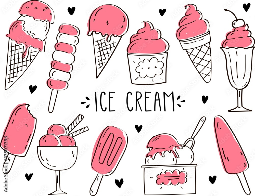 Hand-drawn set of doodles with different ice cream types: ice cream ...