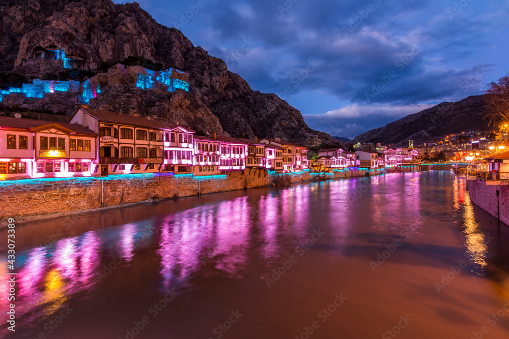 Old Ottoman houses night panoramic view by the Yesilirmak River in ...