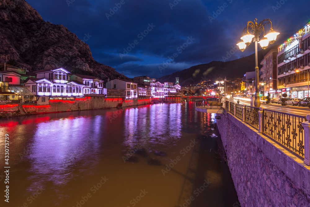 Old Ottoman houses night panoramic view by the Yesilirmak River in ...