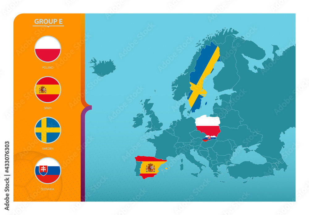 Map of Europe with marked maps of countries participating in group E of the European football ...