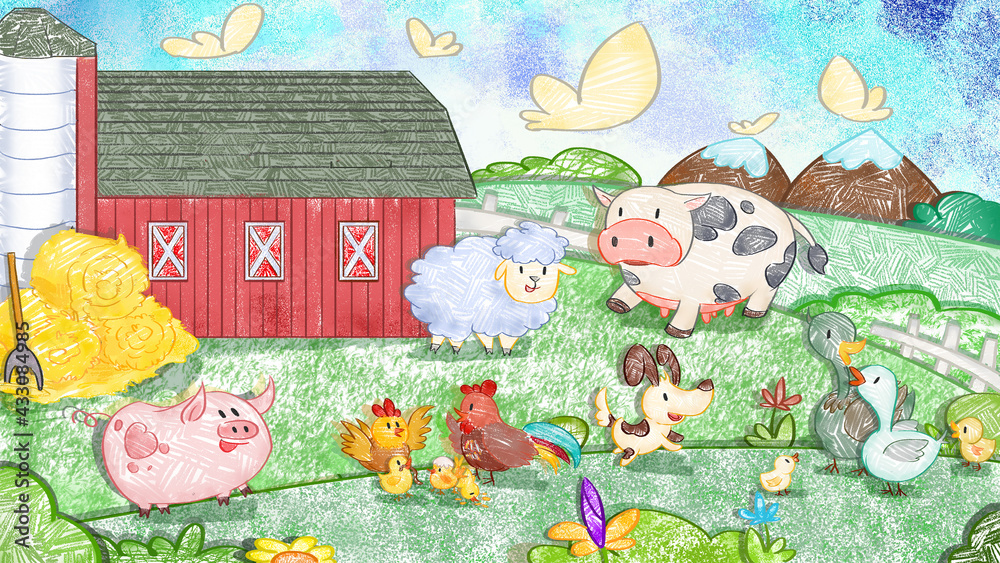 Farm Animals Barn Backdrop Background. Cute oil pastel drawing crayon ...