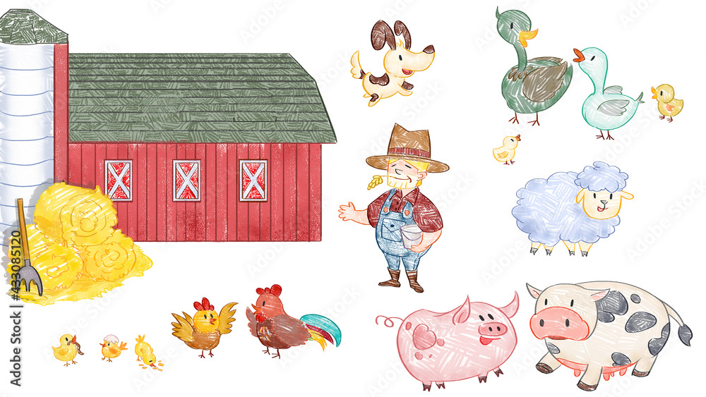 Barn Farm Animals Farmer. Cute oil pastel drawing crayon doodle for ...