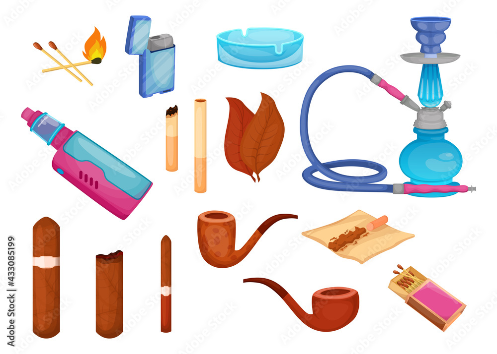 Tobacco and cigars vector illustrations set. Collection of harmful ...