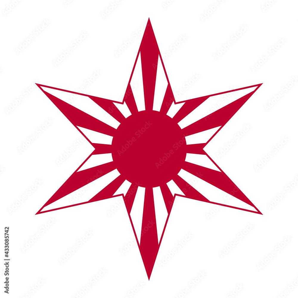 japanese rising sun flag with six star shape symbol. sunrise symbol ...