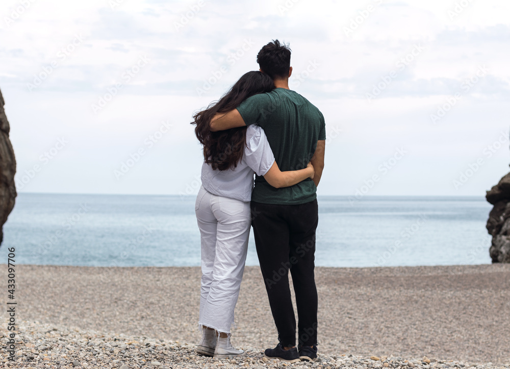 back view of a young couple hugging in a canyon in front of the sea ...