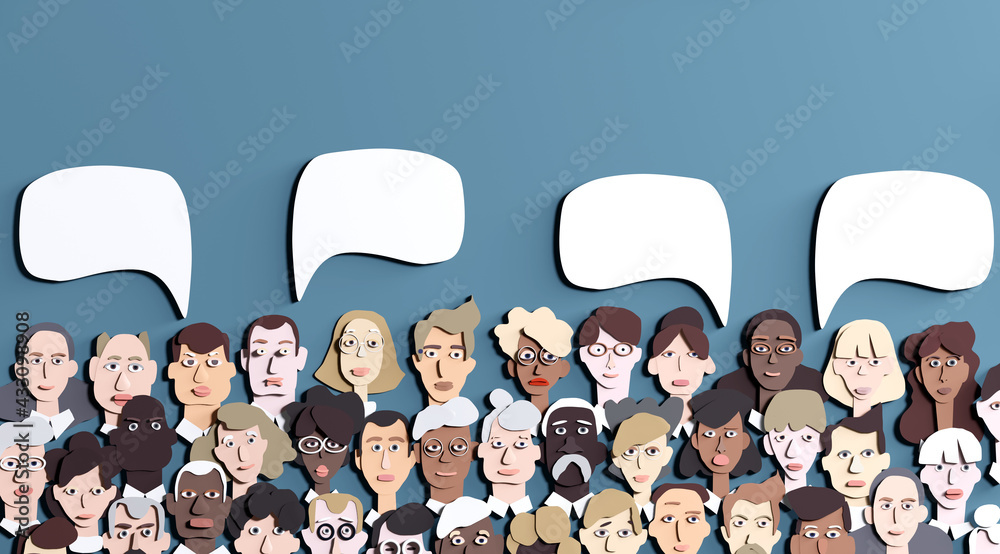 Lots of people's faces made of paper. People different ages and ...