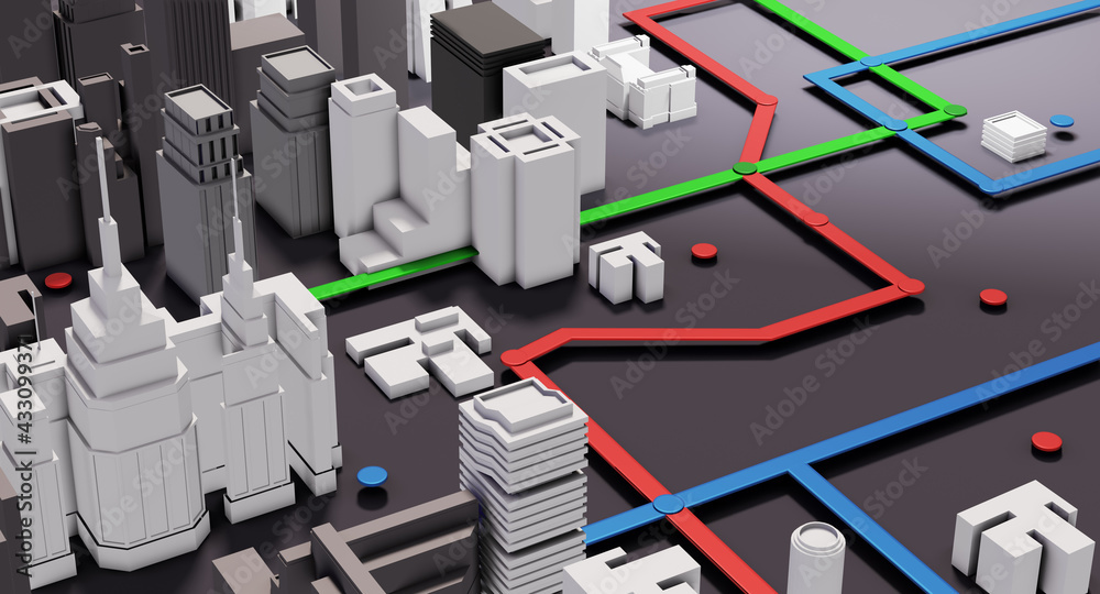 3D Render Abstract city. Modern City plan, streets and skyscrapers with ...