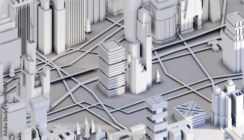 3D Render Abstract city. Modern City plan, streets and skyscrapers with ...