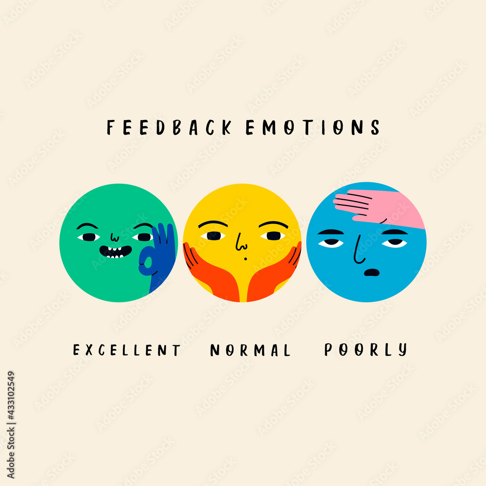 Various round Feedback emotions. Circles with faces. Different colors ...