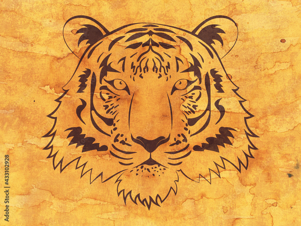 Tiger portrait line art grunge Stock Illustration | Adobe Stock
