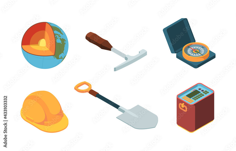 Earth exploration. Isometric geologist equipment ground layers mantle ...