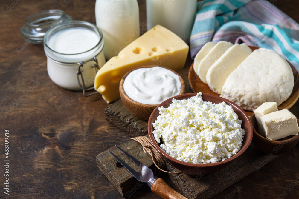 Set of different dairy organic products (milk, sour cream, cottage ...
